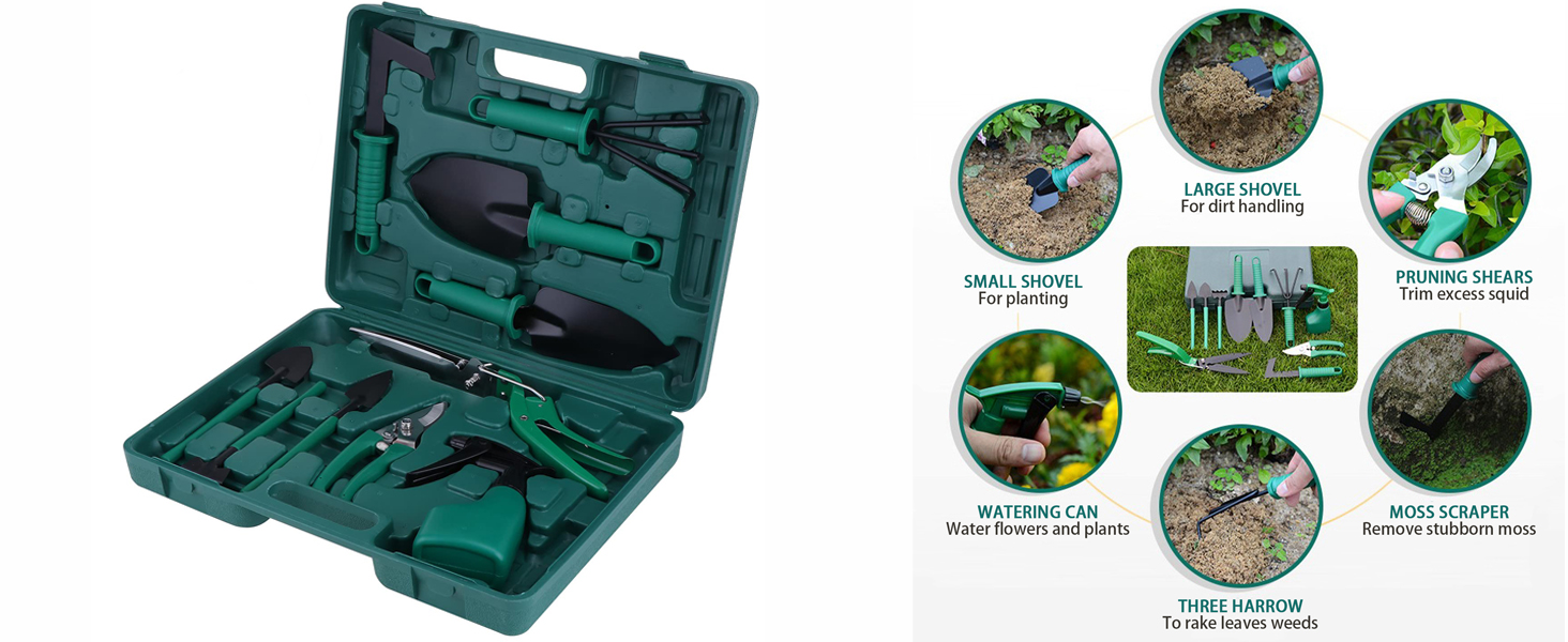 Garden Tools Set, 10 Pieces Stainless Steel Gardening Tool Set, Heavy Duty Gardening Kit with ...