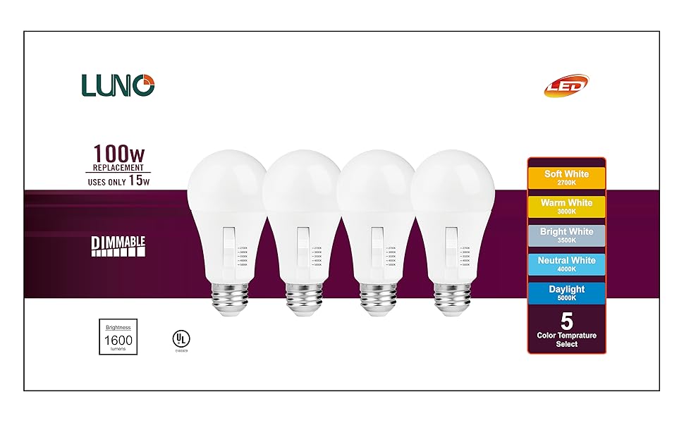 LUNO A19 Dimmable LED Bulb, 15W (100W Equivalent), 1600 Lumens, Color Selectable, 2700K, 3000K ...