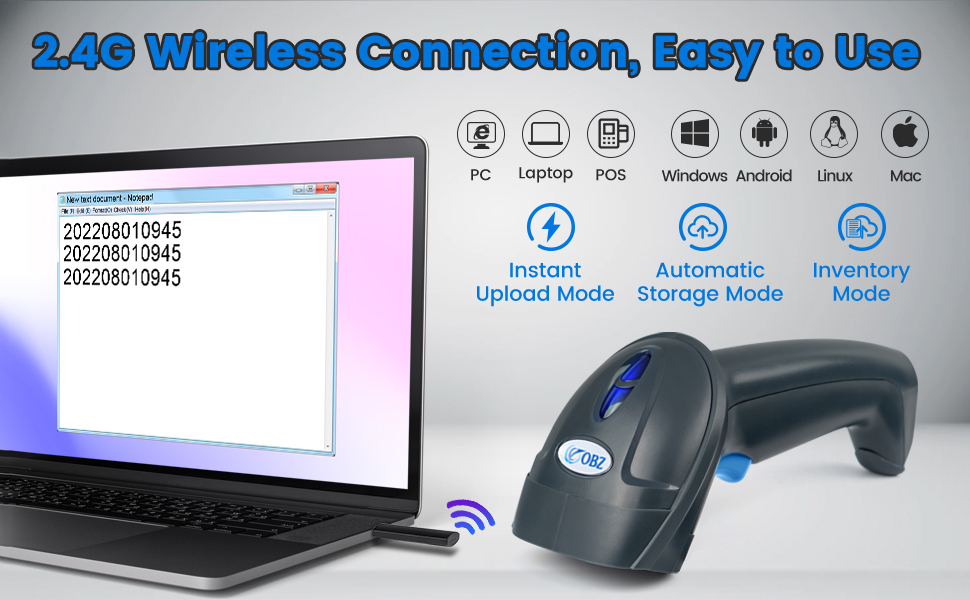 Amazon.com : OBZ Wireless Barcode Scanner USB Cordless 1D Laser Barcode ...