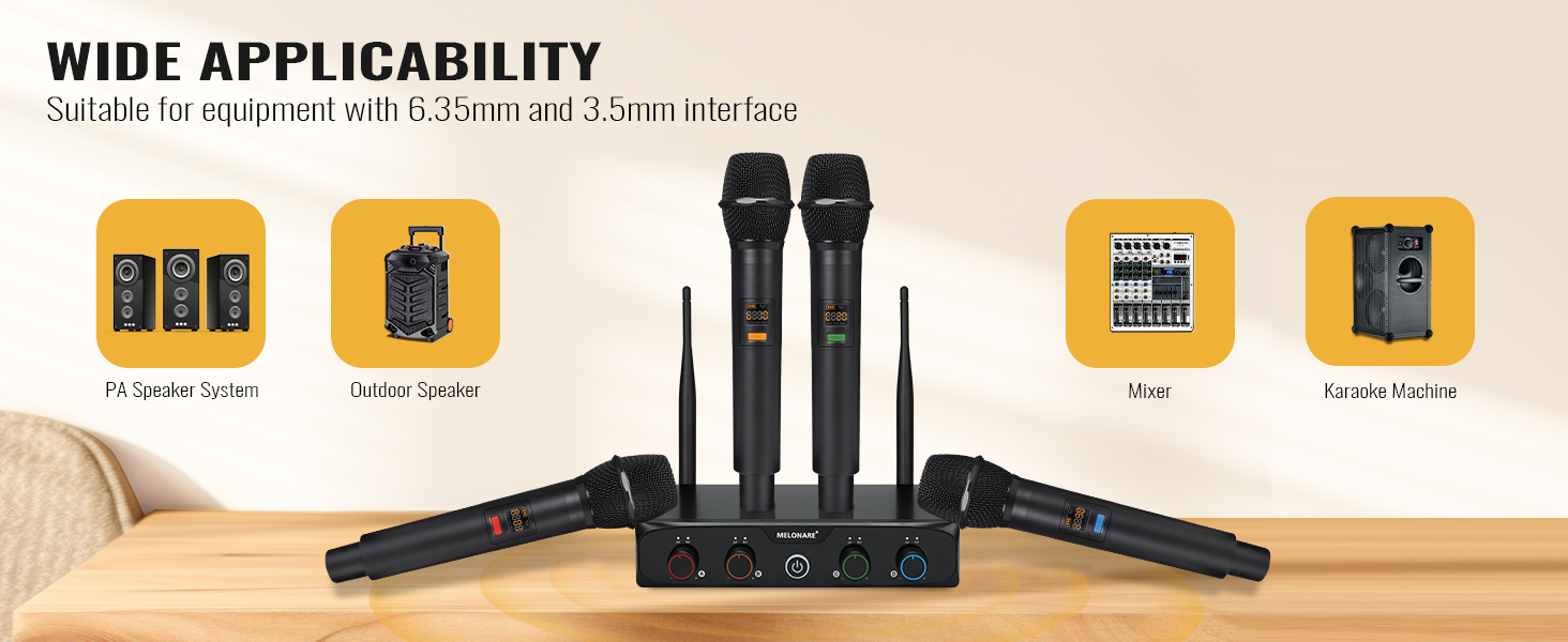 MELONARE 4-Channel Wireless Microphone System, UHF Compact Cordless Mic Set w/ 4x10 Frequencies ...
