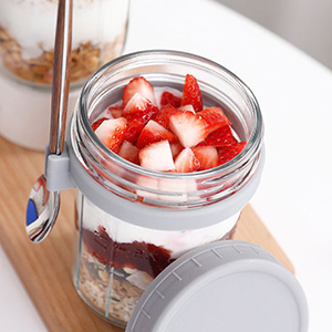 Jogoico Overnight Oats Jars 2pcs Overnight Oats Containers with Lid & Spoon, 12 oz Glass Mason ...