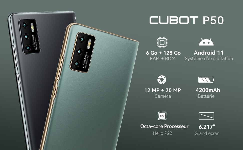 CUBOT P50 Telephone Portable 6Go RAM 128Go ROM 6,2" Écran Android Smartphone 20MP Caméra 4200mAh ...