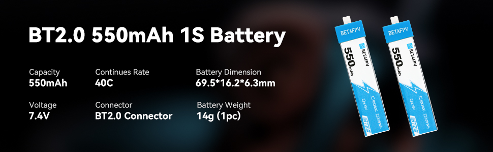 BETAFPV 4pcs BT2.0 550mAh 1S Battery 3.8V 40C/80C Lipo Battery with BT2.0 Connector Compatible ...