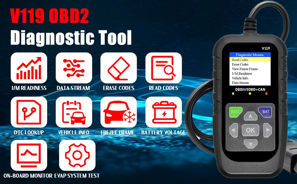Amazon.com: V119 OBD2 Scanner Code Reader, Check Engine Light Diagnostic Tool, Car Voltage ...
