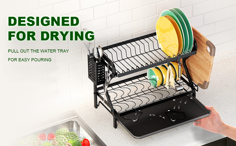 Amazon.com - GAOKASE Dish Drying Rack with Drainboard, 2-Tier Black Dish Racks for Kitchen ...