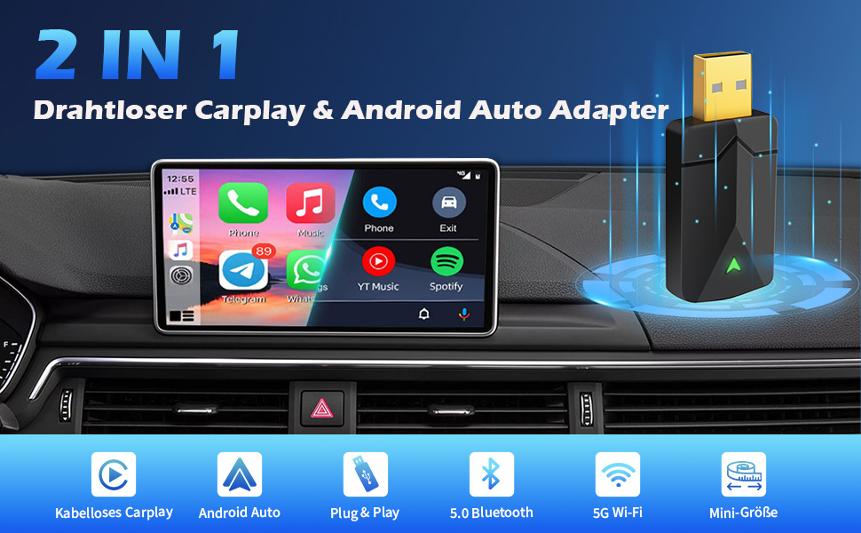 2 IN 1 Wireless Android Auto & Carplay Wireless Adapter, Convert Wired ...