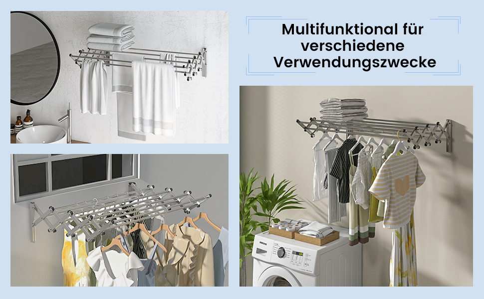 COSTWAY Wäscheständer zur Wandmontage, Wandtrockner ausziehbar aus Edelstahl mit 8 Stangen ...