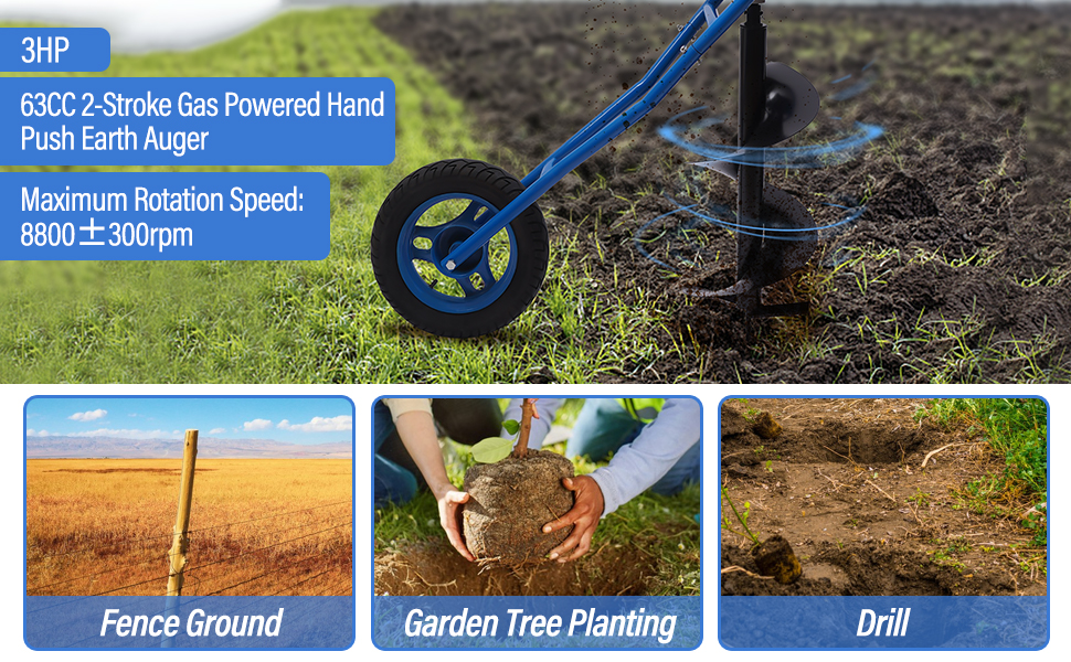 Amazon.com: JAYGOVAN 3HP 63CC Post Hole Digger Wheelbarrow 2-Stroke Gas Powered Hand Push Earth ...