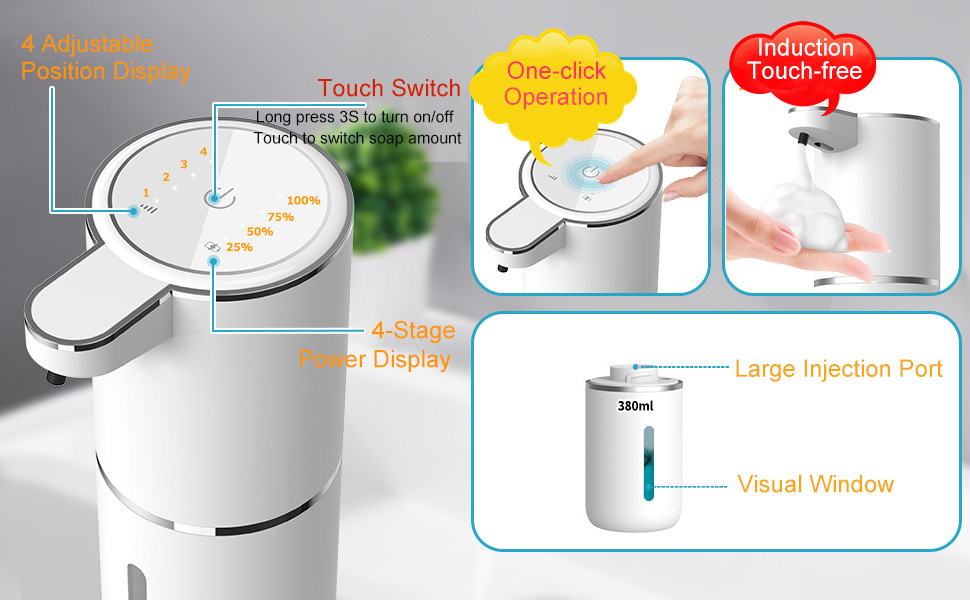 Youker Soap Dispenser 4-Level Adjustable Automatic Foaming Dispenser 380ml Touchless Wall Mount ...