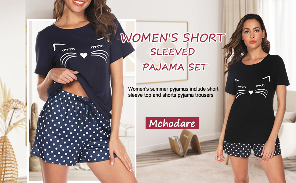 Mchodare Women's Pajamas Sets Cotton Short Sleeve Lounge Sets 2 Piece Sleepwear Casual Cute Cat ...