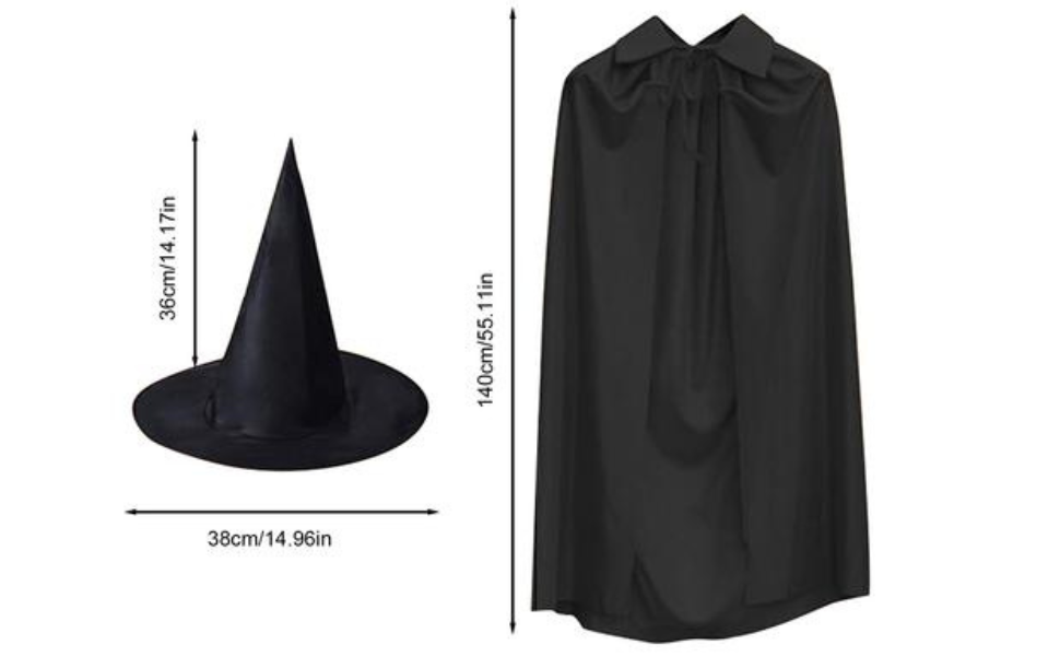 Black Cape, Witch Costume, Ladies Halloween Witch Costume, Black Velour Cape, Pointed Witch Hat ...
