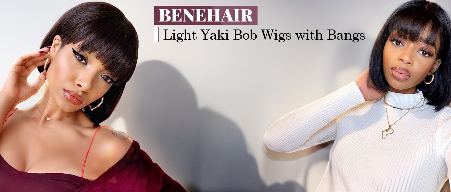 Amazon.com : Benehair 12 Inch Light Yaki Straight Human Hair Wig Bob Wig with Bangs 2.75x1 ...