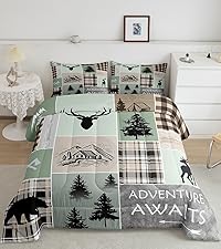 Amazon.com: Hunting Bear Deer Comforter Set,Christmas Buffalo Plaid Quilt Full Size Rustic Cabin ...