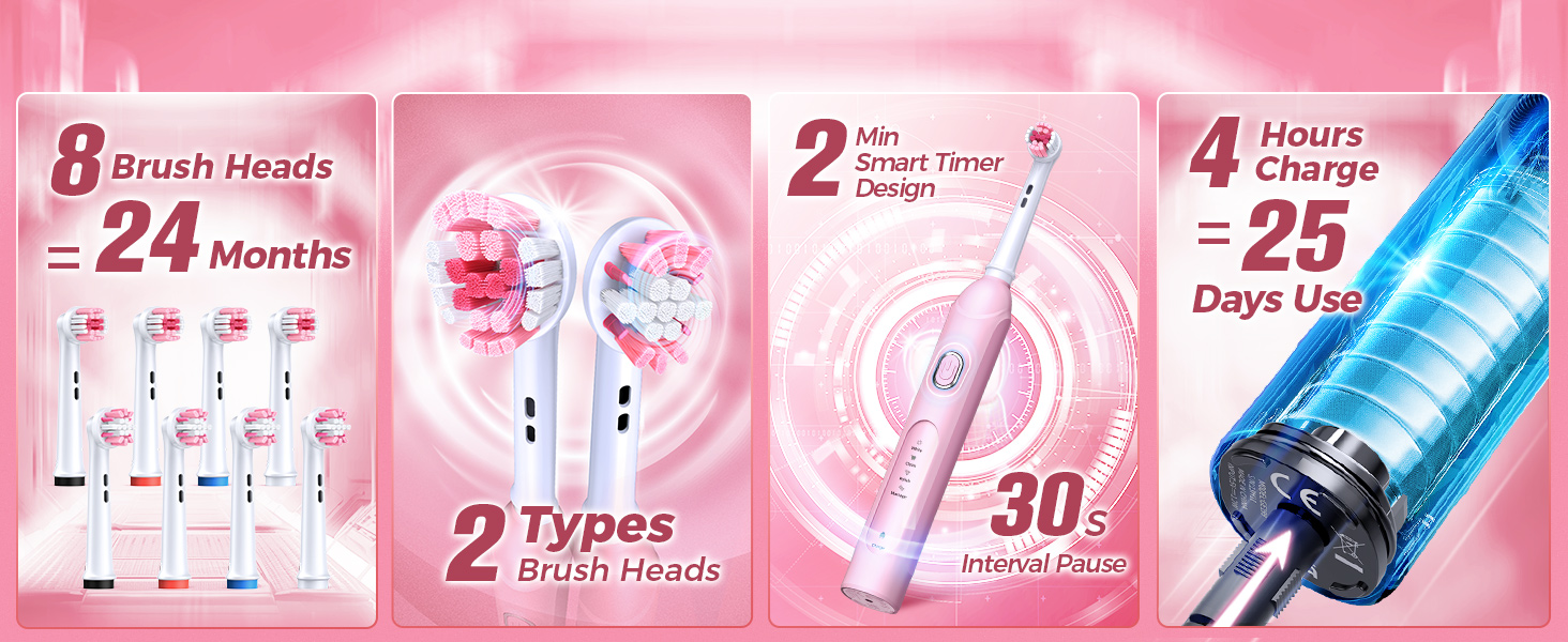 Rotating Electric Toothbrush for Adults with 8 Brush Heads (2 Types), 4 ...