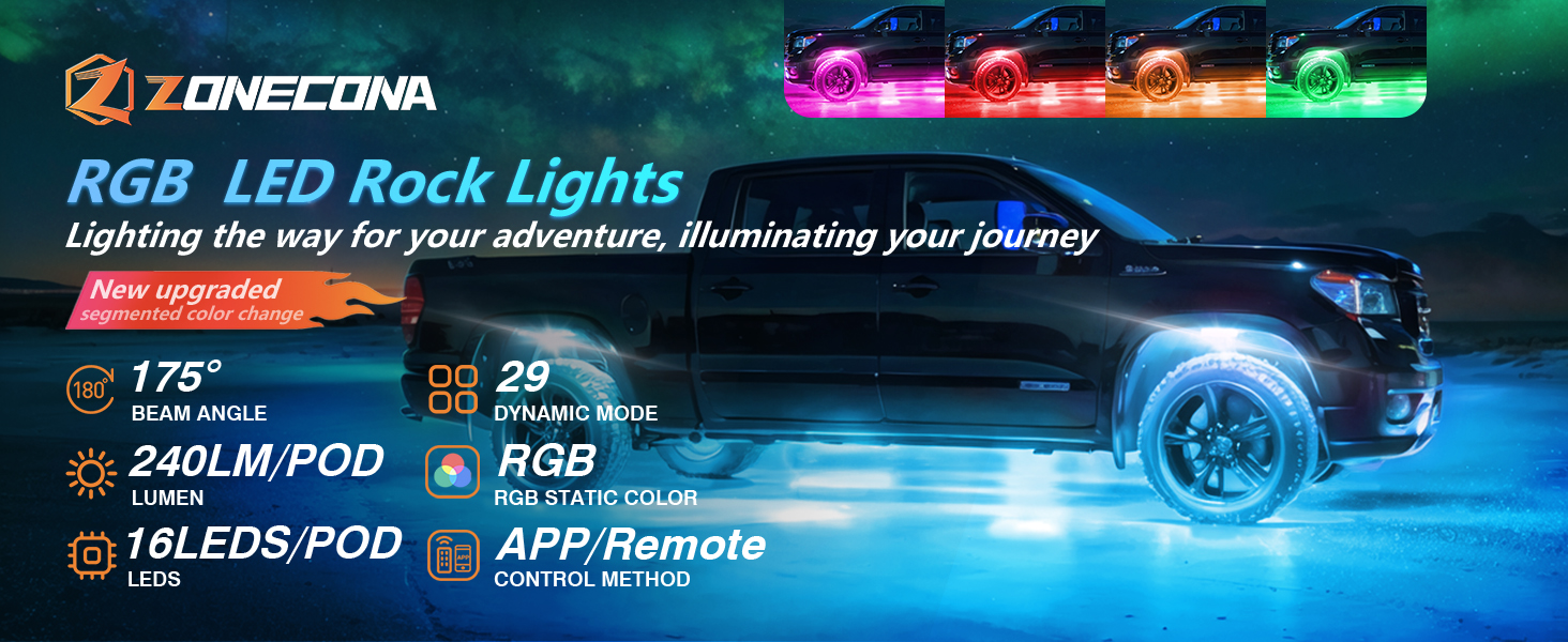 Amazon.com: ZONECONA 8Pods Segmented RGB LED Rock Lights Kit with APP/RF Remote Control ...