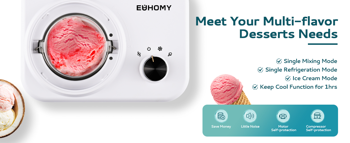 Amazon.com: EUHOMY 1 Quart Auto Ice Cream Maker with Compressor, No Pre-freezing, 3 Modes Gelato ...
