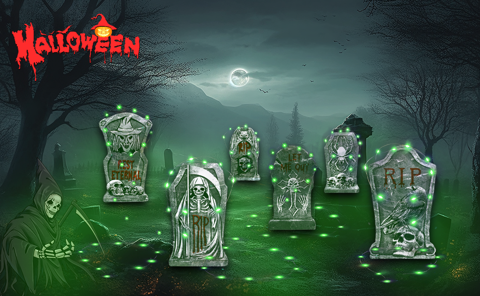 Kazaigou 6 Stück Halloween Deko Grabstein mit 6 Stück 3Meter ...