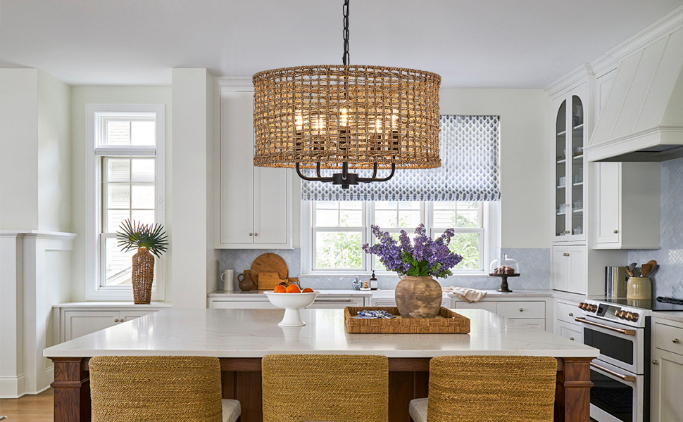 YOMECOO Hand-Woven Rattan Chandelier Vintage Farmhouse Boho Bamboo ...