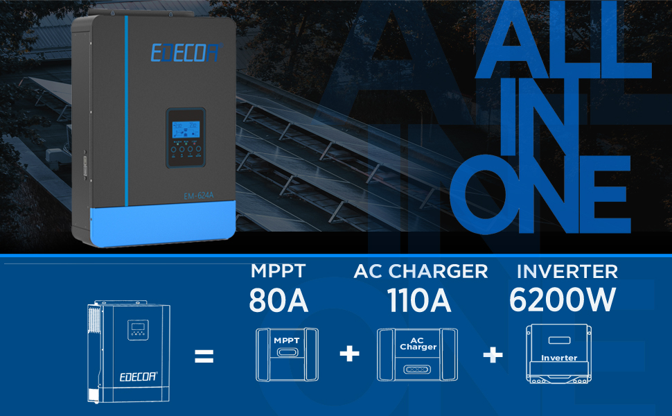 EDECOA 6200W 7000VA Solar Power Inverter 48V DC to 230V 240V AC Hybrid All-in-One Inverter Off ...
