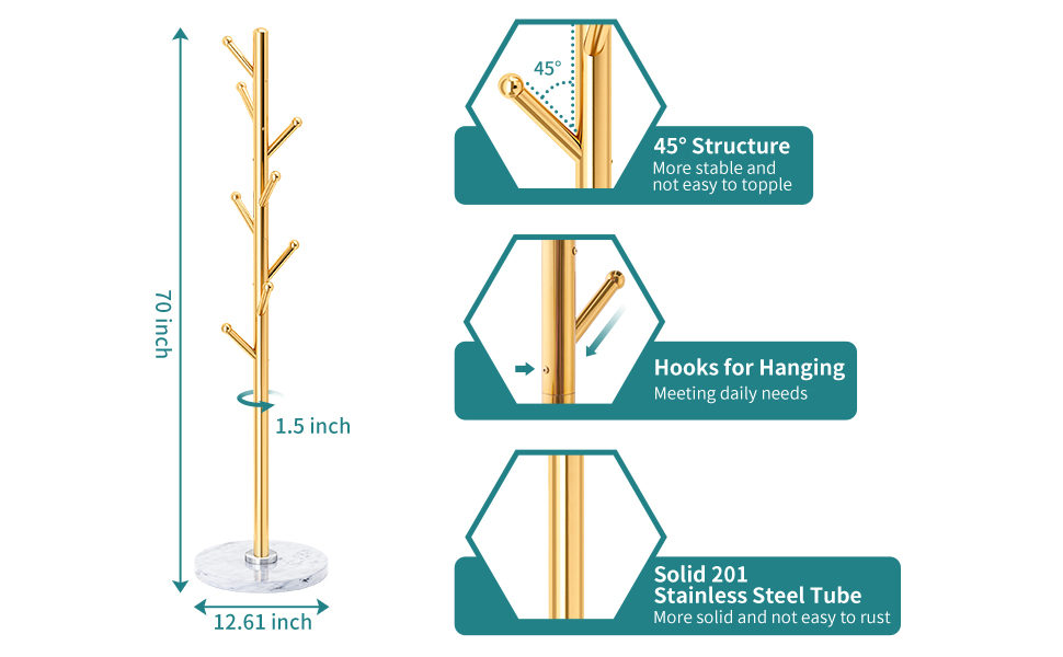 OIRUMIE - Perchero con base de mármol natural, perchero de acero inoxidable sólido no empotrado ...