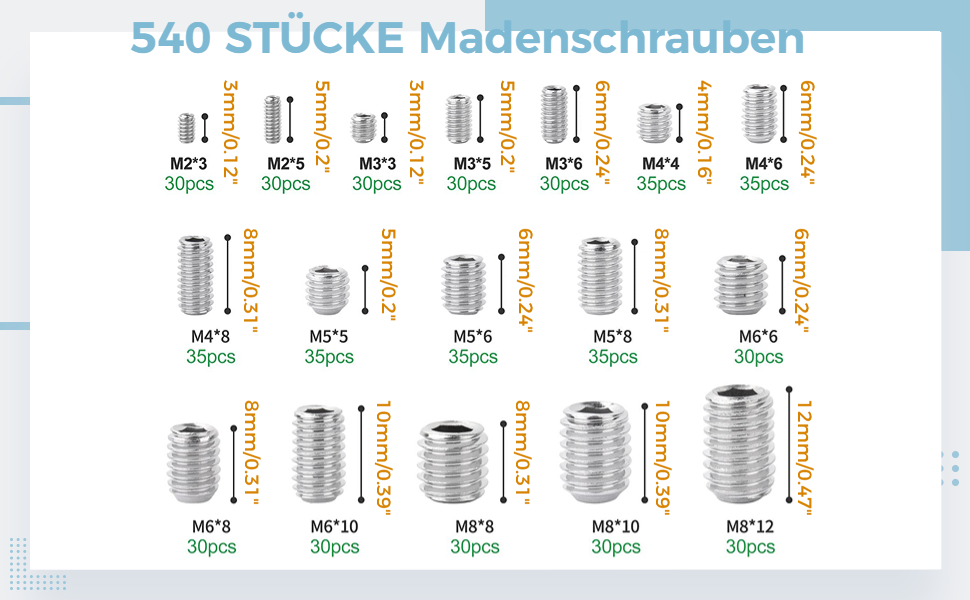YHomU 540 Madenschrauben, 17 metrische Größen M2/3/4/5/6/8 Innensechskantschrauben-Sortiment Kit ...