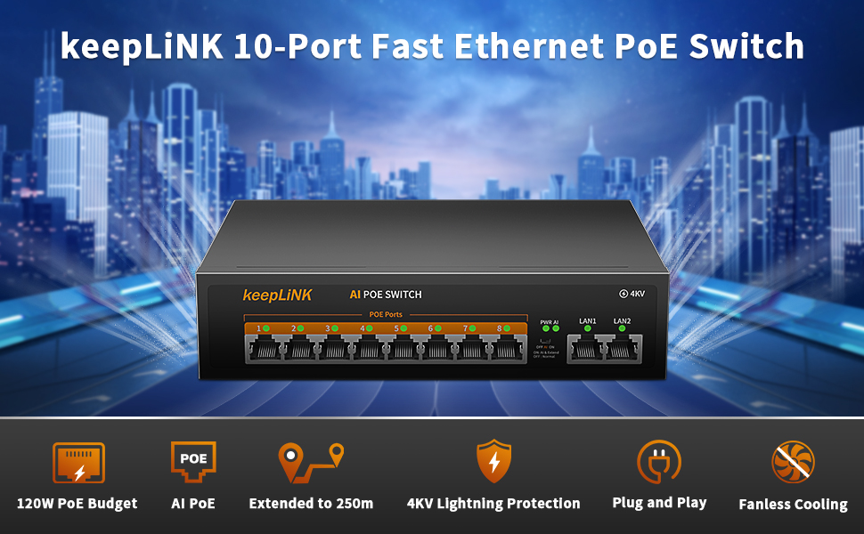 keepLiNK 10 Port PoE Switch, 8 PoE+ Ports 100Mbps, 2 Uplink 100Mbps, 120W 802.3af/at, Extend ...