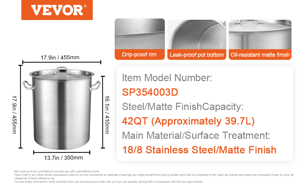 VEVOR Stainless Steel Stockpot, 42 Quart Large Cooking Pots, Multipurpose Cookware Sauce Pot ...