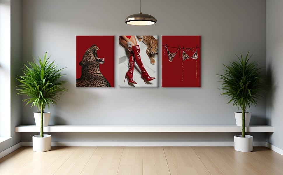 Amazon.com: 3Pcs Red Fashion Leopard Wall Art Cheetah Wall Decor ...