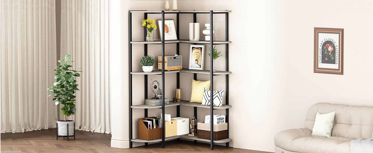Amazon.com: Launica 5 Tier Corner Bookshelf, Tall Grey L Shaped Book Shelf with Storage, Large ...
