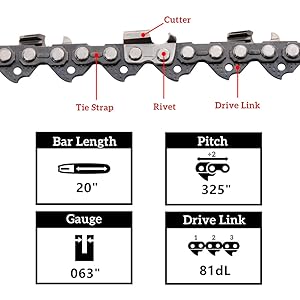 Amazon.com: Kohnkd 3 Pack 20 inch.325" Pitch, 063" Gauge, 81 Drive Links Chainsaw chains and 1 ...