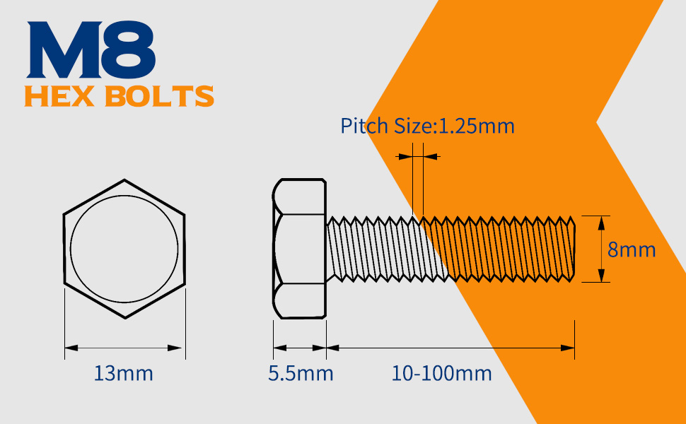 M8-1.25 x 50mm Hex Head Screw Bolt, 18-8 (304) Stainless Steel, Fully Threaded, Plain Finish ...