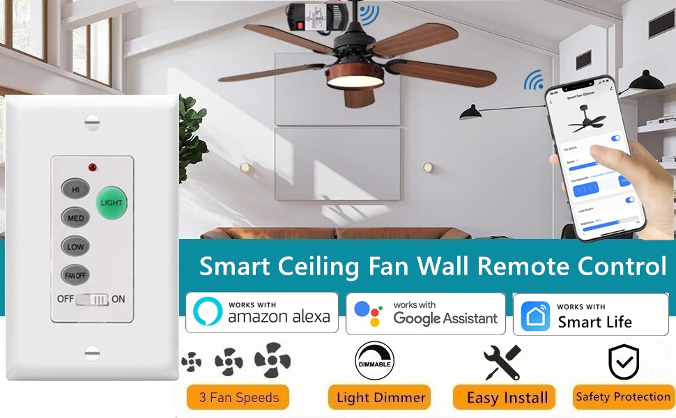 Nexete Smart Wi-Fi Universal Ceiling Fan and Dimmer Wall Remote Control ...