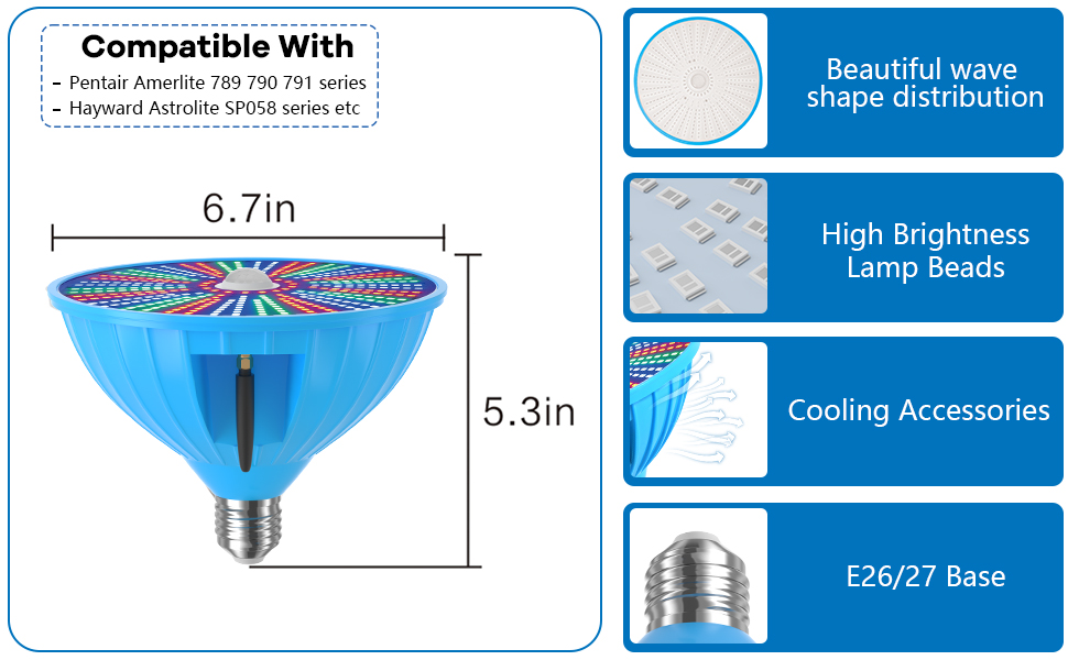 Amazon.com : Tansir Pool Lights Bulb 55W 120V RGB Color Changing Underwater LED Pool Light ...
