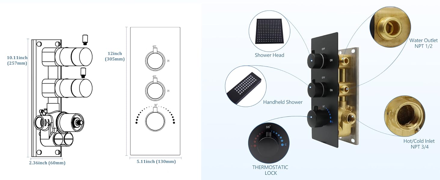 HOMEDEC Brushed Nickel 2 Way Shower Diverter Valve, Brass Dual Functions Thermostatic Shower ...
