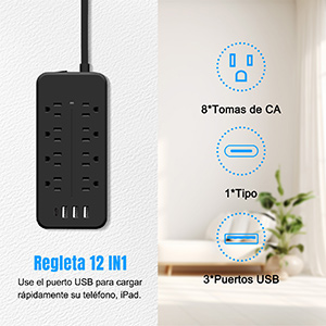 FANDBO 12 en 1 Regleta Multicontacto Extension USB, con 8 Salidas CA y 4 Puertos USB (1 USB C ...
