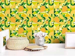 CHIHUT Modern Geometric Fruit Wallpaper Green Orange Mango Pattern Wallpaper Peel and Stick for ...