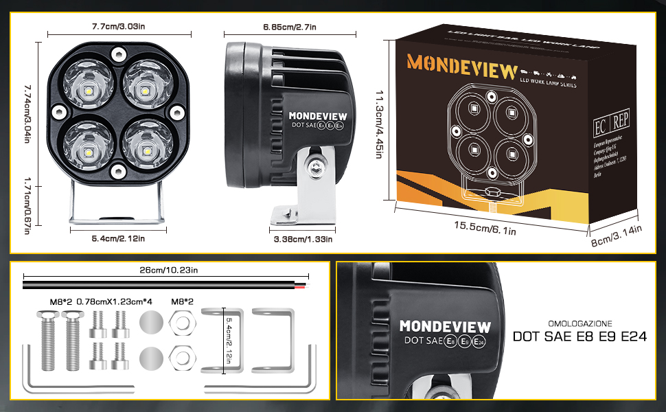 MONDEVIEW Faretti LED Moto 40W 4000LM Fari Supplementari 3 Modalità 9-30V Super Luminoso con 4 ...