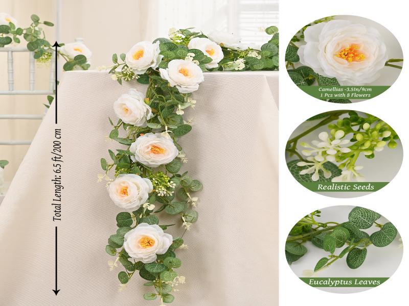 Amazon.com: Dolicer 2Pcs 13Ft Artificial Eucalyptus Garlands with Flowers- 8 Camellias, Faux ...
