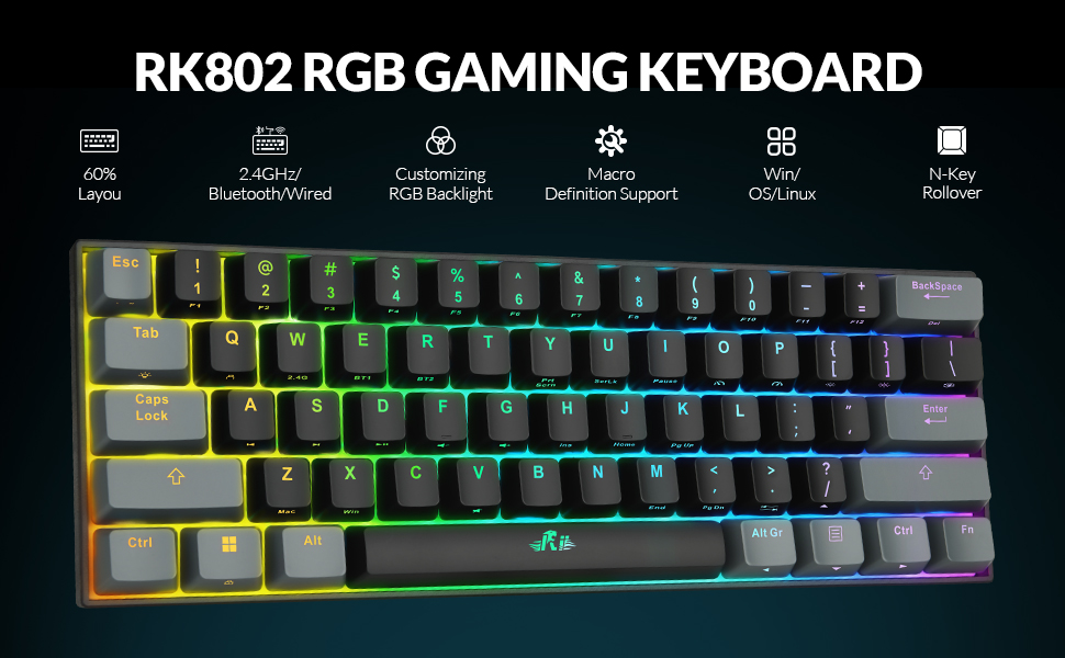 Rii Mechanical Gaming Keyboard, RK802 60% Mechanical Keyboard(9 ...