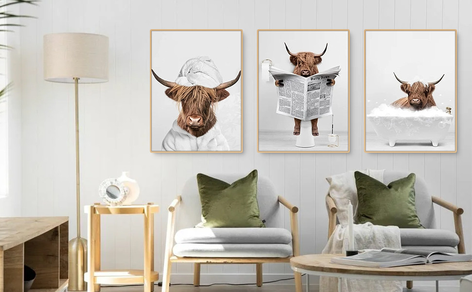 Amazon.de: Trayosin 3-teiliges Premium Poster Set,Lustige Hochland Kuh Wandkunst in Badewanne ...
