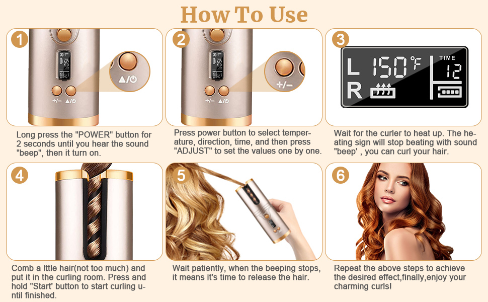 Fer à Friser Automatique Sans Fil, Fer à Boucler Auto Rotatif Portable, Boucleur à Cheveux ...