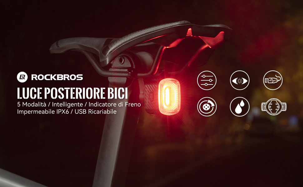 ROCKBROS Luce Bici Posteriore, Fanalino Intelligente per Bicicletta MTB, Impermeabile IPX6, USB ...