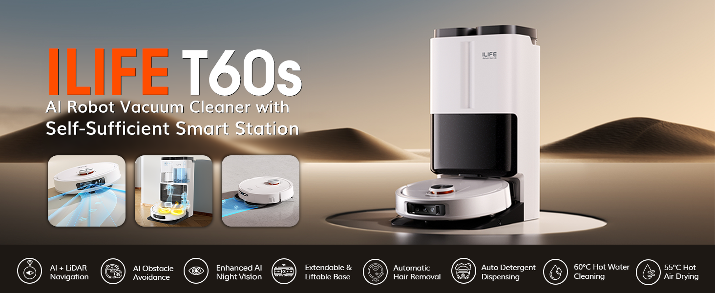 ILIFE T60s Robot Vacuum & Mop with AI and LiDAR, All-in-One Station for 60°C Auto Wash, Hot Air ...