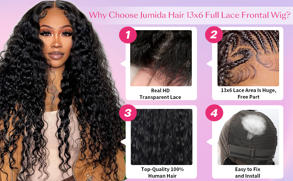 Amazon.com : Jumida 24 Inch 13x6 Lace Front Wigs Human Hair Water Wave 200 Density 13x6 HD Full ...