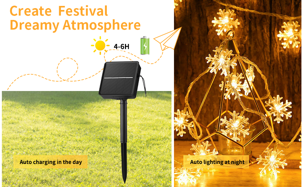 Brightown Solar Christmas Snowflake String Lights 100 LED 39 FT Outdoor ...