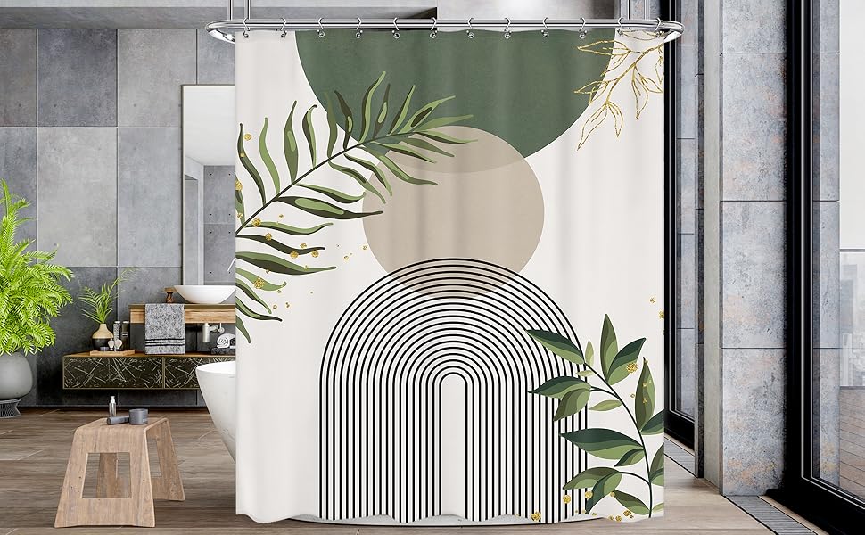 Amazon.com: Mitpok Sage Green Boho Mid Century Shower Curtain 60Wx72H Abstract Gold Leaves Plant ...