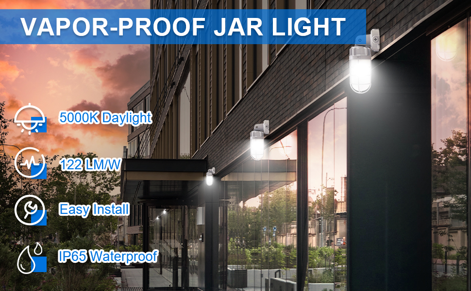 21W LED Vapor Tight Jelly Jar Light, 5000K Industrial Wall/Ceiling Mount Vapor-Proof Light, IP65 ...