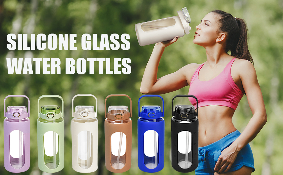 BIGTHREE Glass Water Bottles with Straws, 64oz Motivational Water Bottle with Silicone Sleeve ...