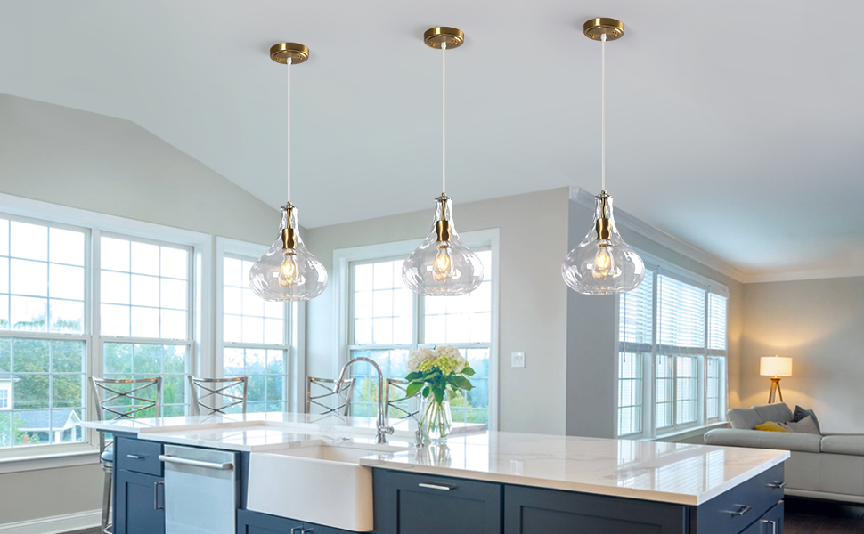 BNHHLZ Modern Glass Pendant Light 9.44 in Clear Hammered Glass Shade Gold Farmhouse Island ...