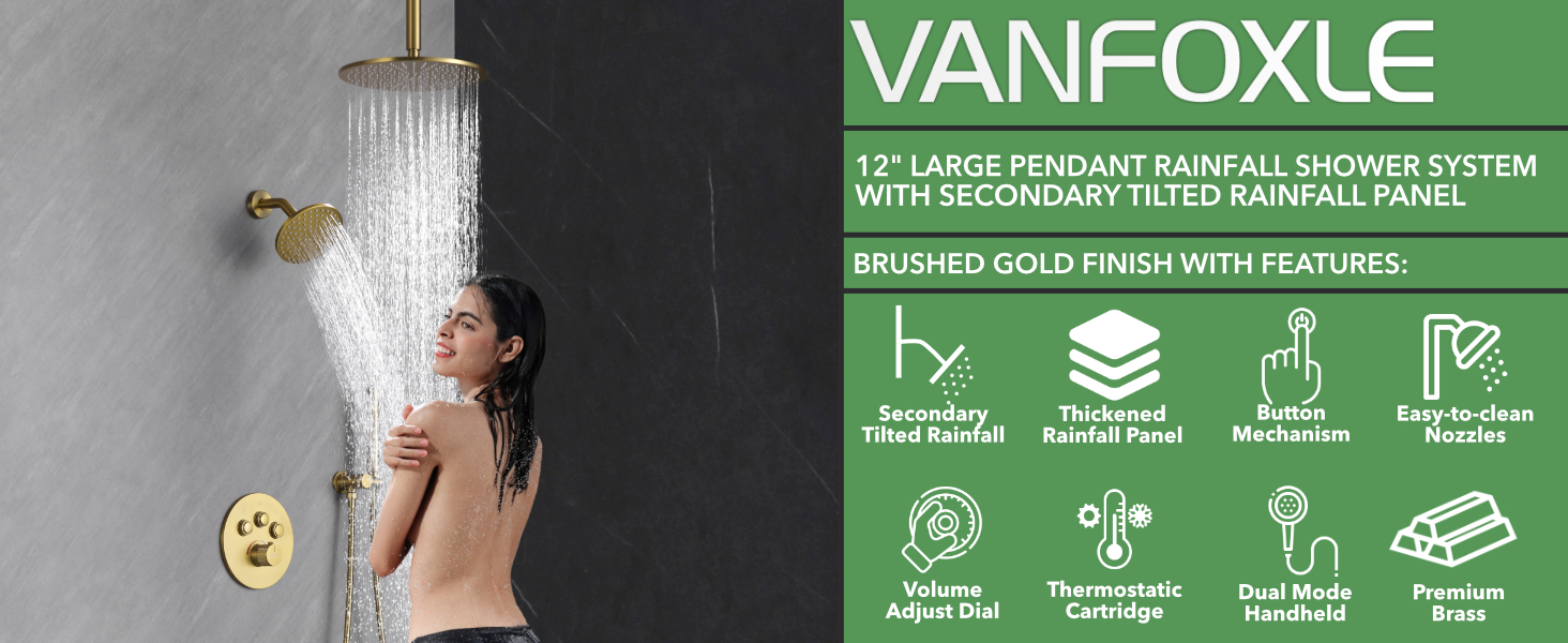 VANFOXLE Thermostatic Shower Faucet Set Brushed Gold Shower System,Push Button Diverter Shower ...